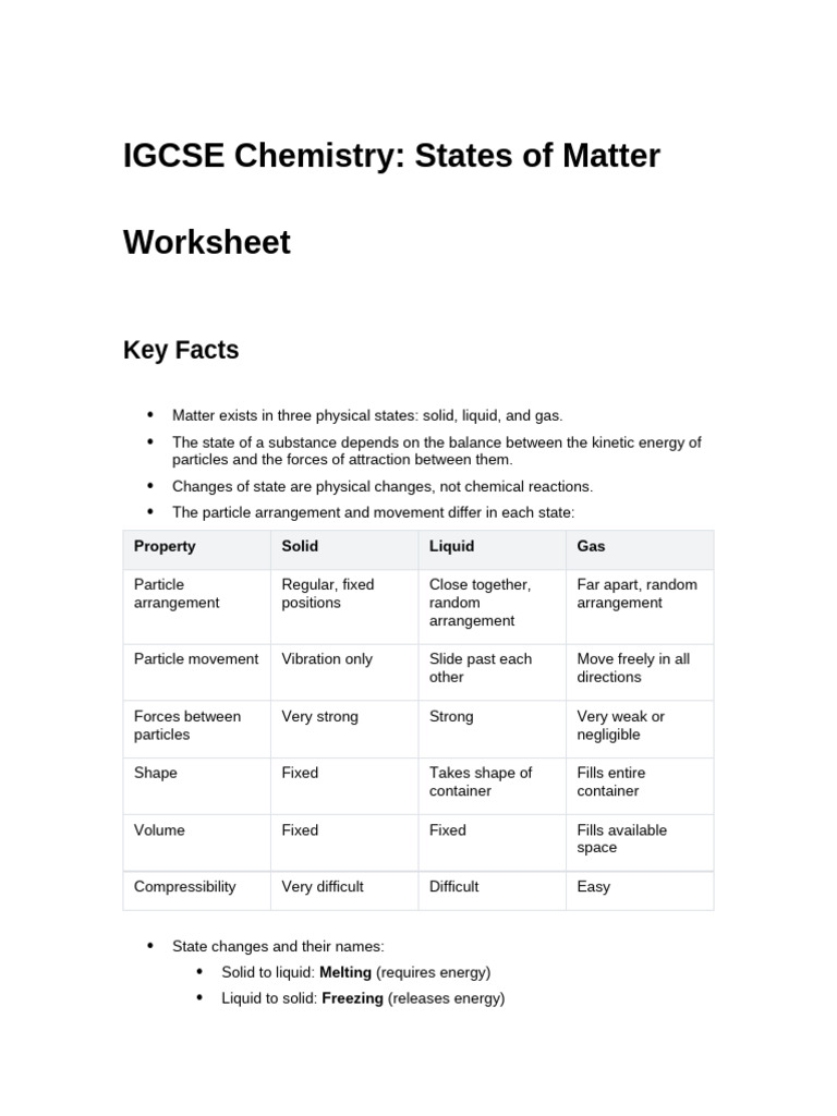 IGCSE Chemistry Topic 1 States of Matter Worksheet | PDF | Gases | Liquids