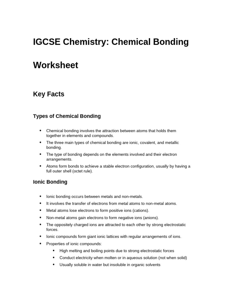 IGCSE Chemistry Topic 3 Chemical Bonding Worksheet | PDF | Chemical ...