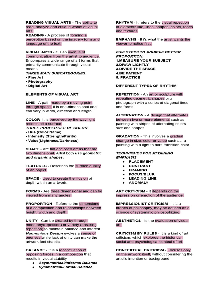 Reading in Visual Arts Reviewer | PDF | Composition (Visual Arts) | Aesthetics