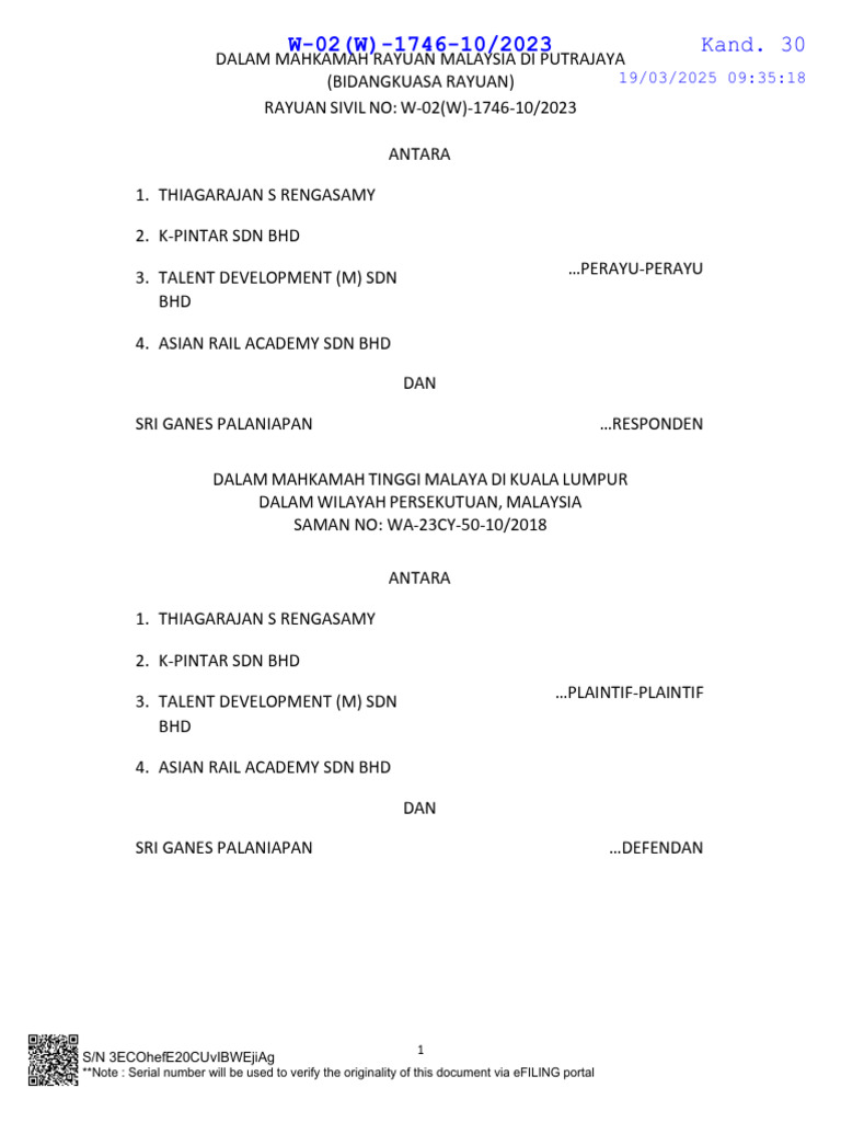 Thiagarajan Rengasamy V Sri Ganes Palaniapan @001 | PDF | Precedent | Defamation