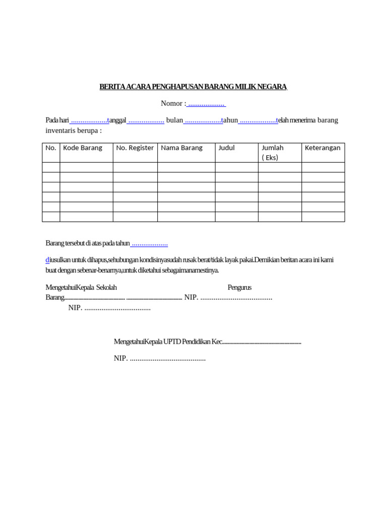 Berita Acara Penghapusan Barang Milik Negara | PDF
