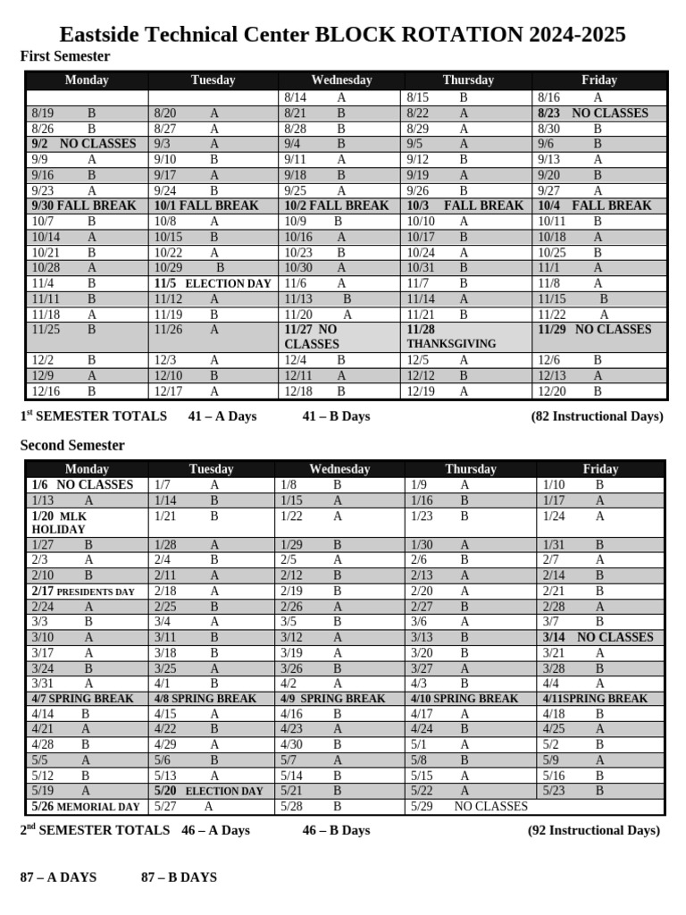 A - B Block Rotation Schedule Eastside 2024-25 | PDF | Academic Term ...