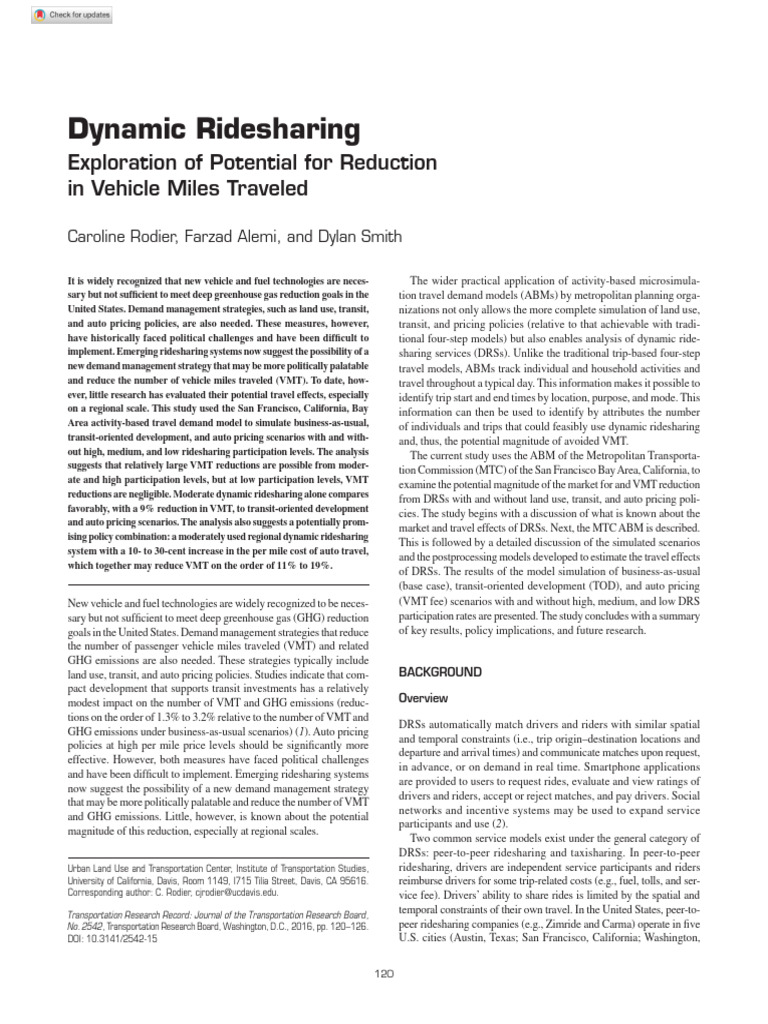 103 - Dynamic Ridesharing Exploration of Potential For Reduction in Vehicle Miles Traveled | PDF ...