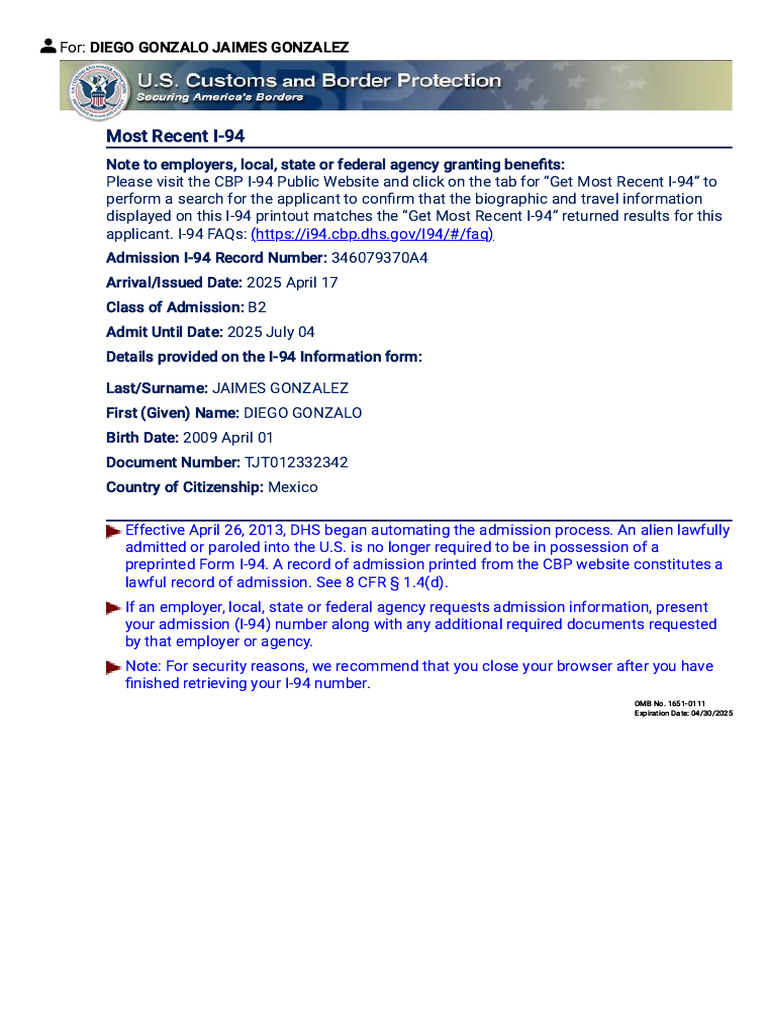 I-94 Official Website - Get Most Recent I-94 Response DIEGO JAIMES | PDF