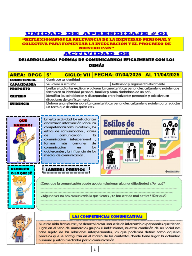 Actividad 2 DPCC 5° Unidad 1 | PDF | Comunicación | Las emociones