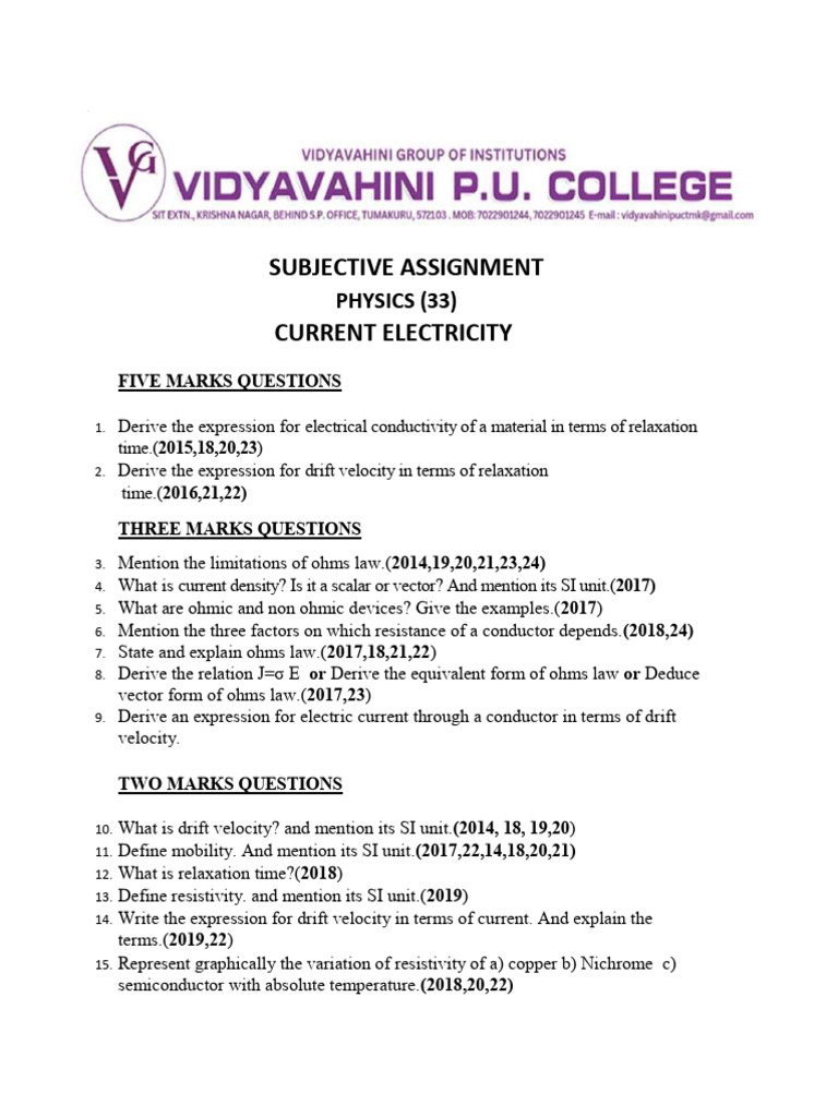 Phy Sub Assignment (Current Electricity) | PDF