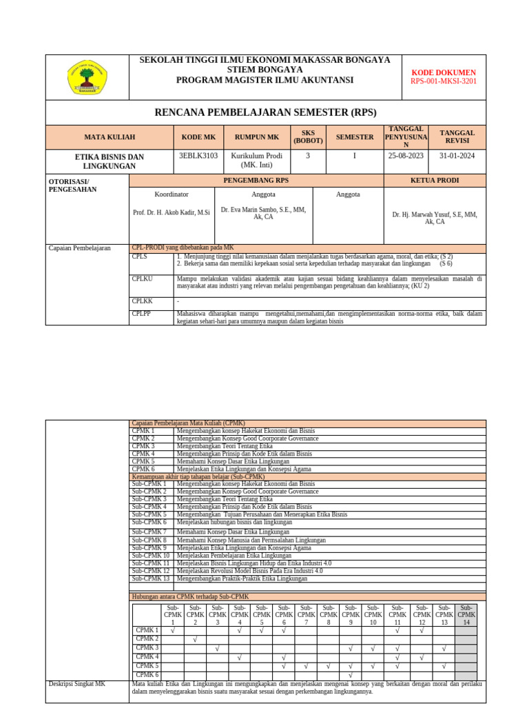 RPS OBE MAKSI - Etika Bisnis Dan Lingkungan | PDF
