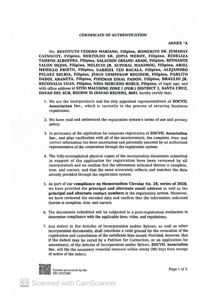 Cert of Authentication | PDF