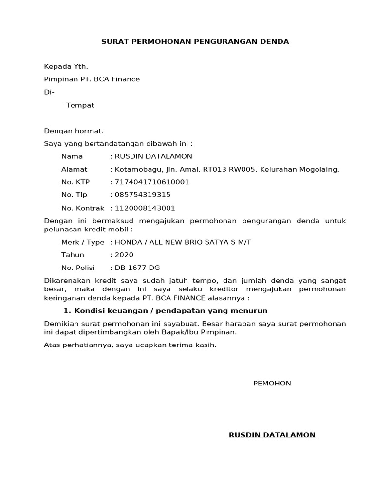Surat Permohonan Pengurangan Denda | PDF