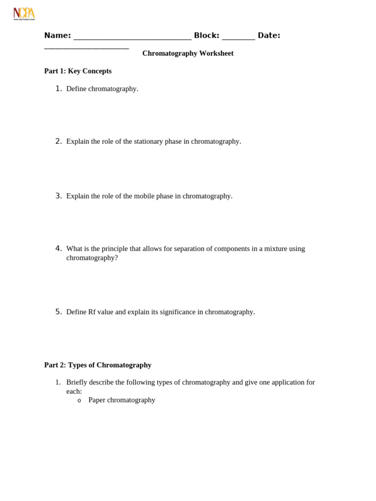 Chromatography Worksheet | PDF