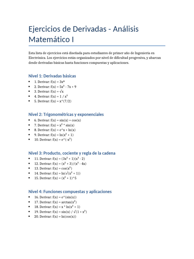 Ejercicios Derivadas Analisis Matematico I | PDF
