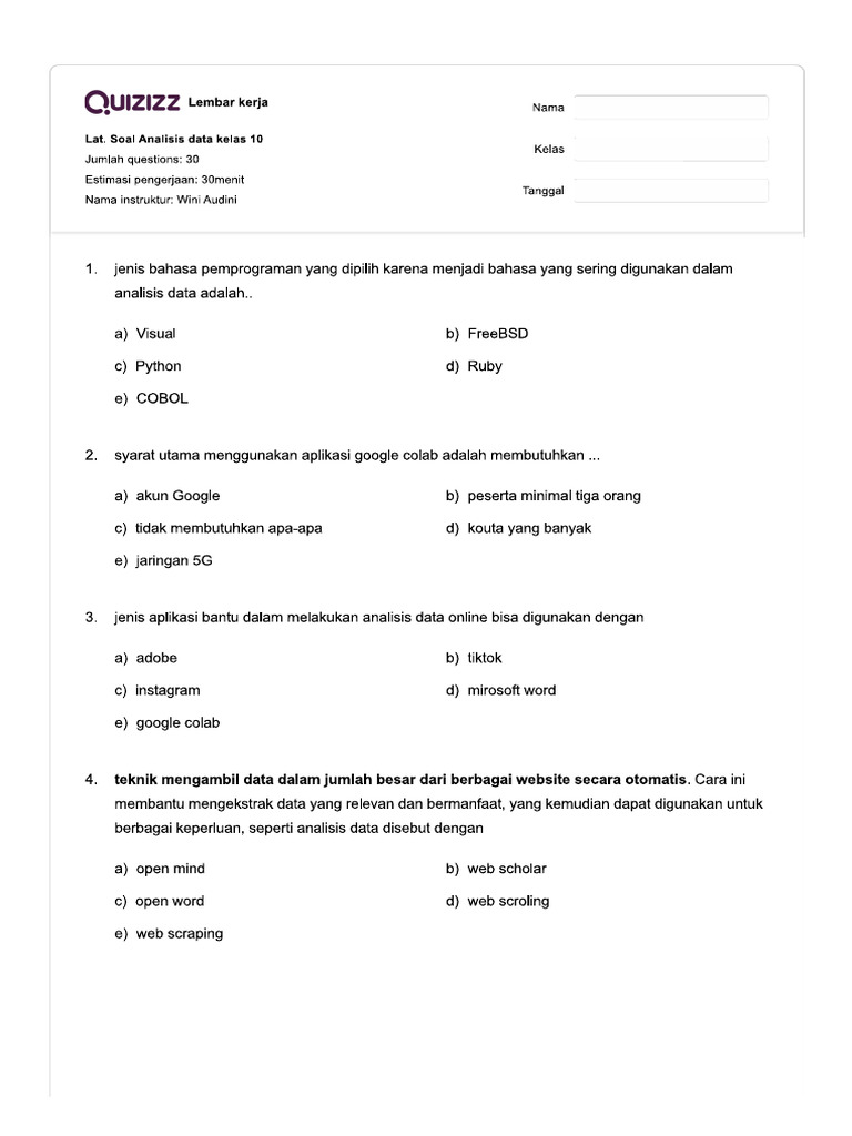 Lat. Soal Analisis Data Kls X | PDF