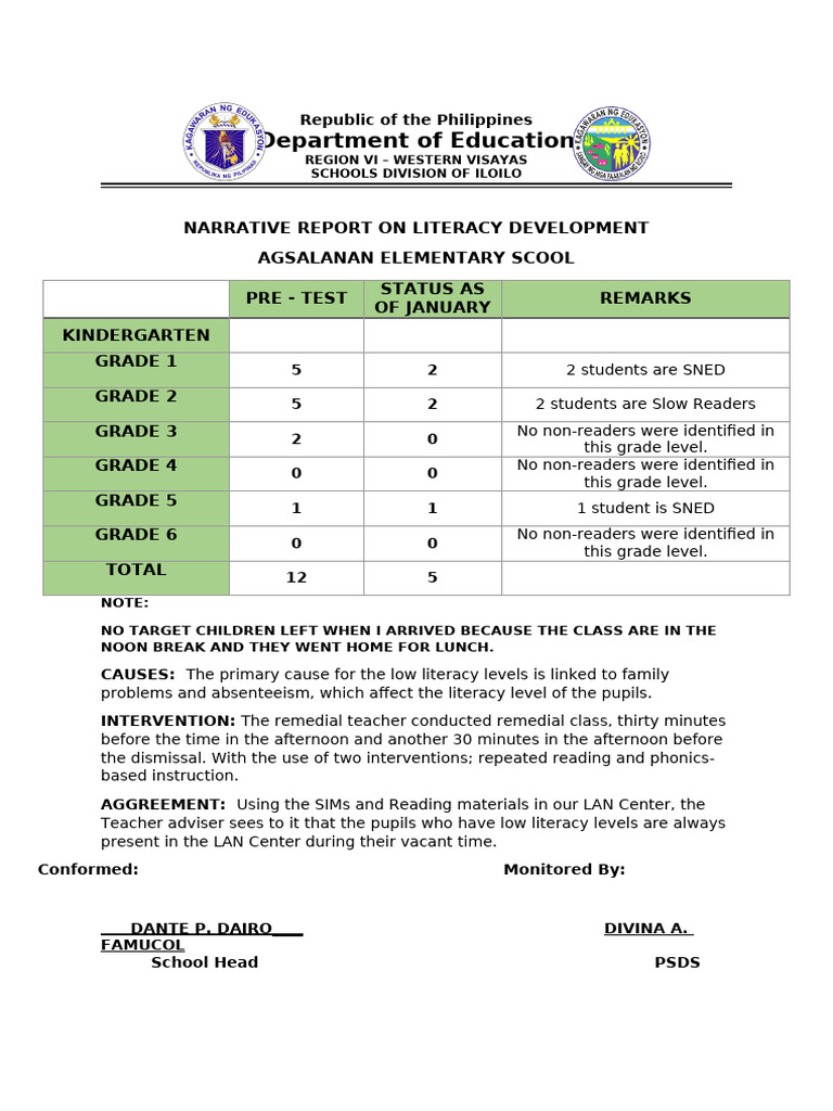 Narrative Report in Literacy Development (TOFILLIN) | PDF | Literacy ...