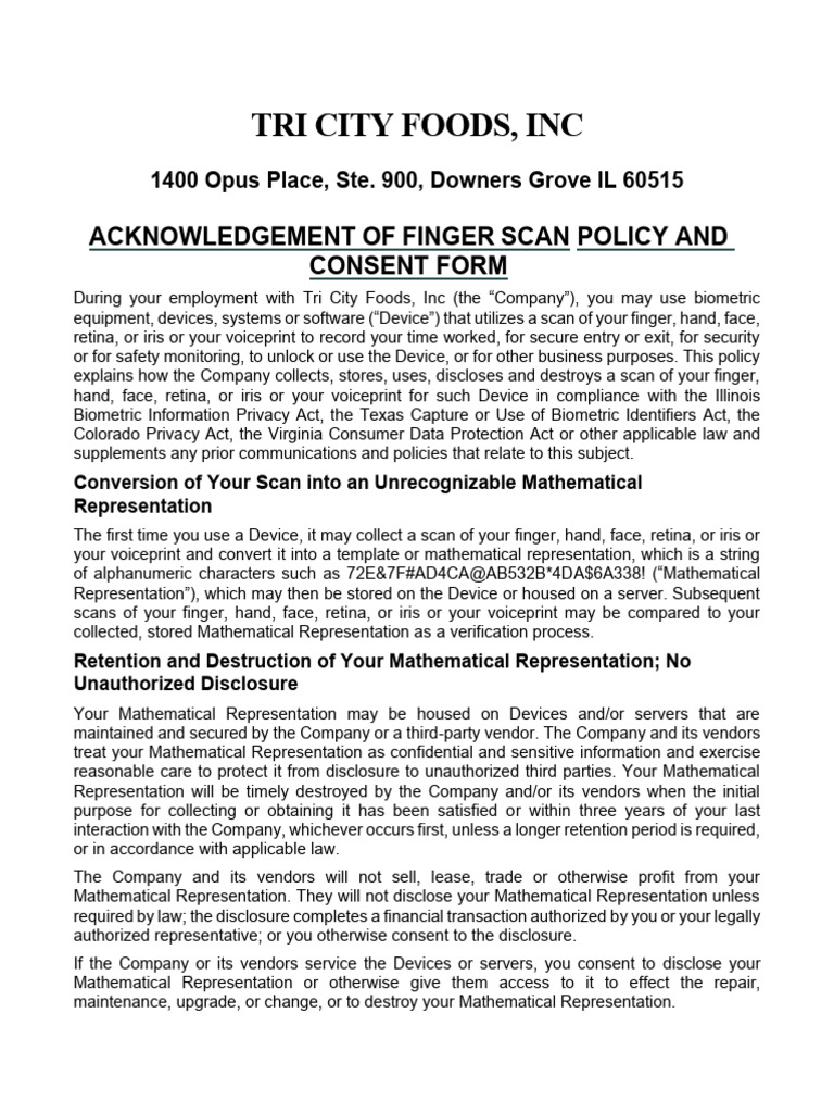 TCF Biometric Consent Form | PDF | Biometrics | Discovery (Law)