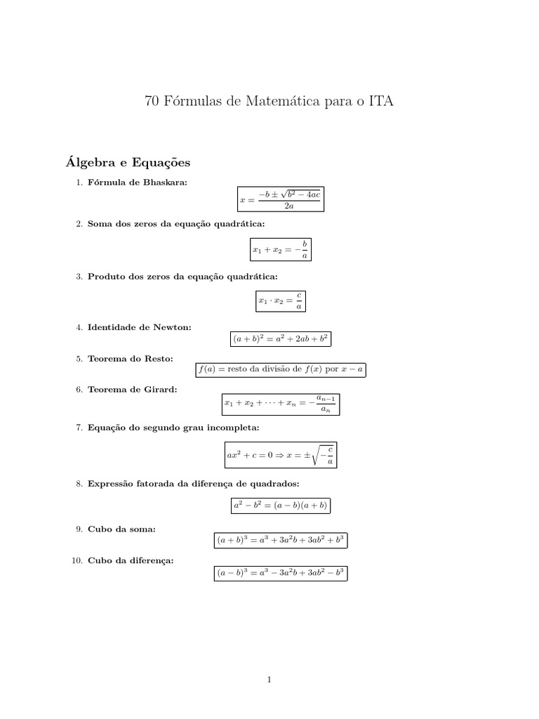 70 Fórmulas de Matemática para ITA | PDF | Equação quadrática | Equações