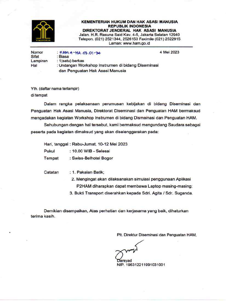 Undangan Workshop Instrumen Di Bidang Diseminasi Dan Penguatan HAM | PDF