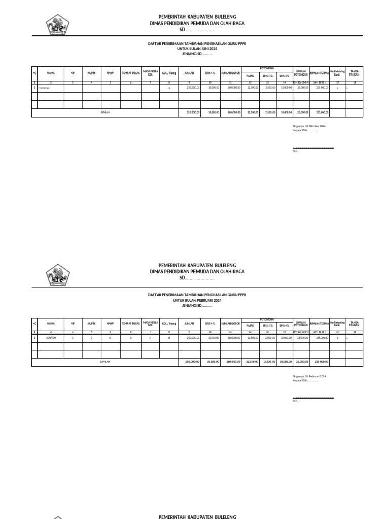 Contoh Blangko Dan Rekap Absen Amprah Tamsil Juni 250.000 (PPPK) SD Baru | PDF