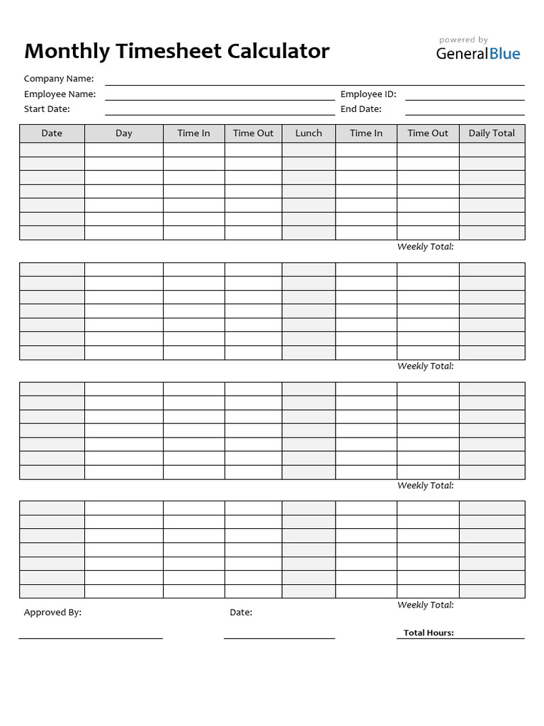 Monthly Timesheet Calculator Template | PDF