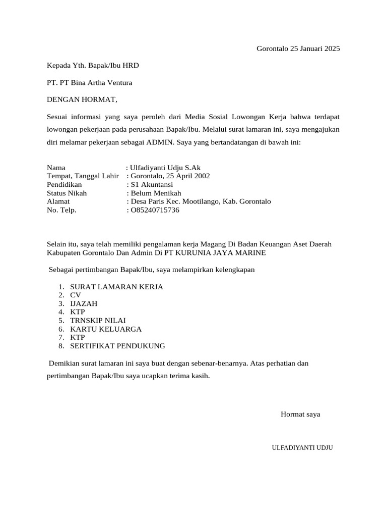 Lamaran Kerja Ulfa | PDF