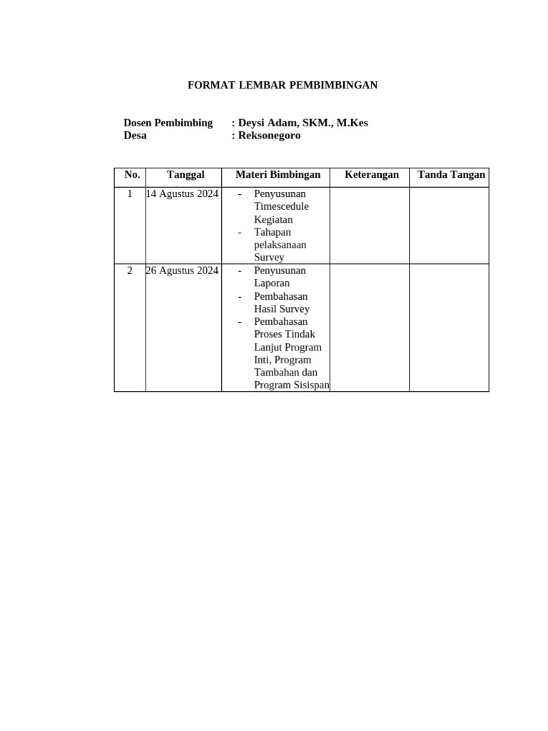 Format Lembar Pembimbingan Desa Reksonegoro | PDF