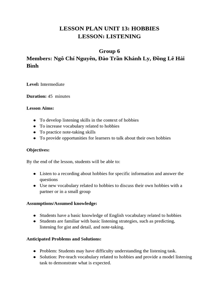 Lesson Plan Unit 13 - Hobbies Lesson - Listening | PDF | Brainstorming ...