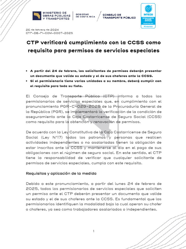 CTP-DE-PI-COM-0007-2025 - CTP Verificará Cumplimiento Con La CCSS Como Requisito para Permisos ...