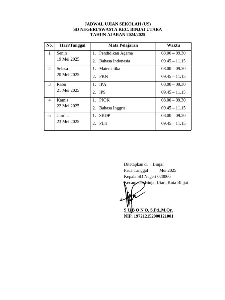 Jadwal Ujian Sekolah Tahun 2025 | PDF