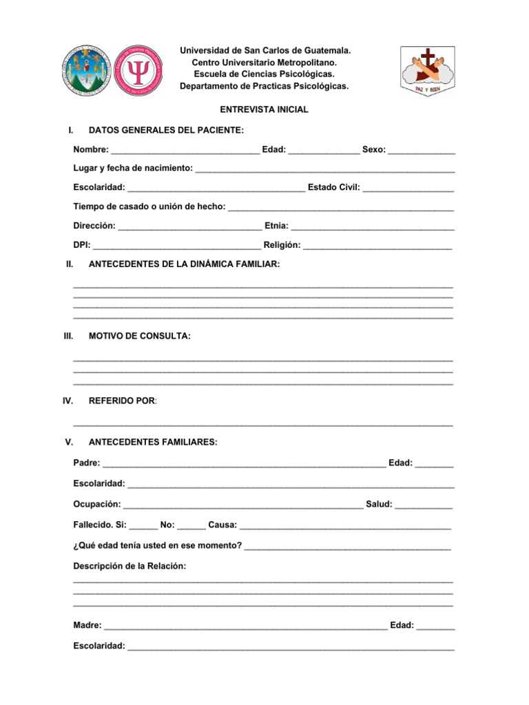 Formato - Entrevista Inicial Pacientes | PDF | Sicología | Ciencias del ...