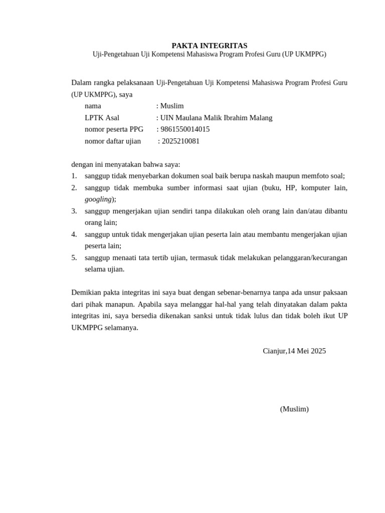 Pakta Integritas Uji Pengetahuan | PDF