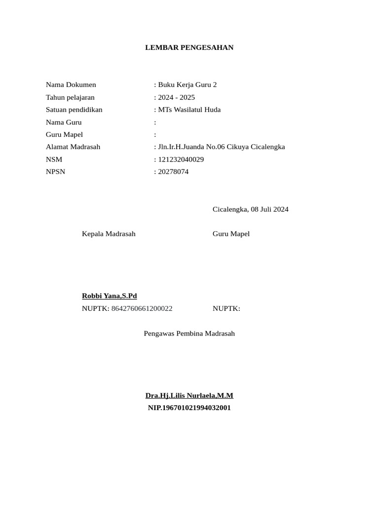 Lembar Pengesahan Buku Kerja | PDF