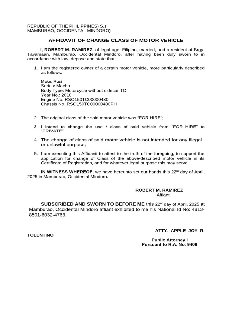 Affidavit for Motor Vehicle Class Change | PDF