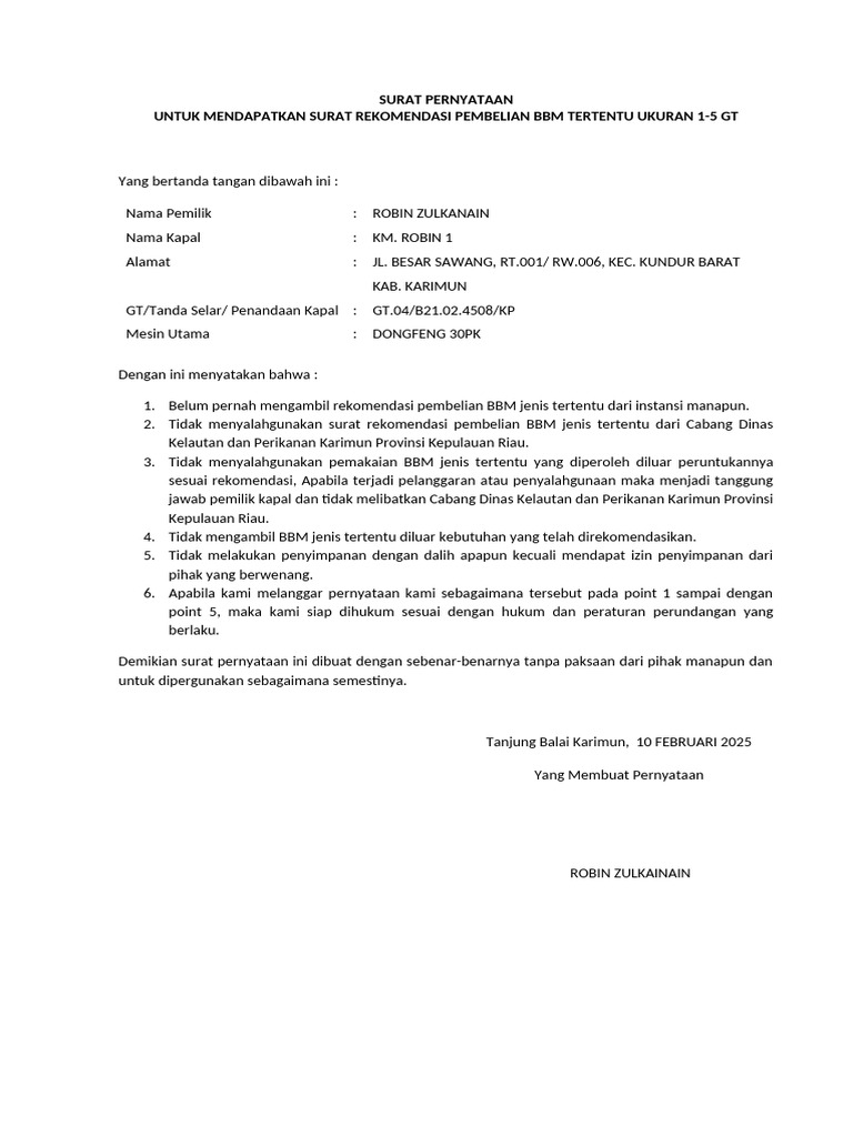 Format Surat Pernyataan (Rekom 1-5 Gt) | PDF