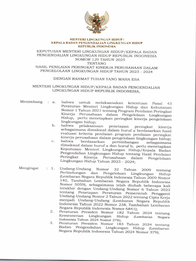 SK.129 Tahun 2025 Tentang Peringkat PROPER Periode 2023-2024 | PDF