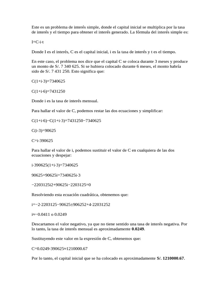 Cálculo de Interés Simple y Capital Inicial | PDF