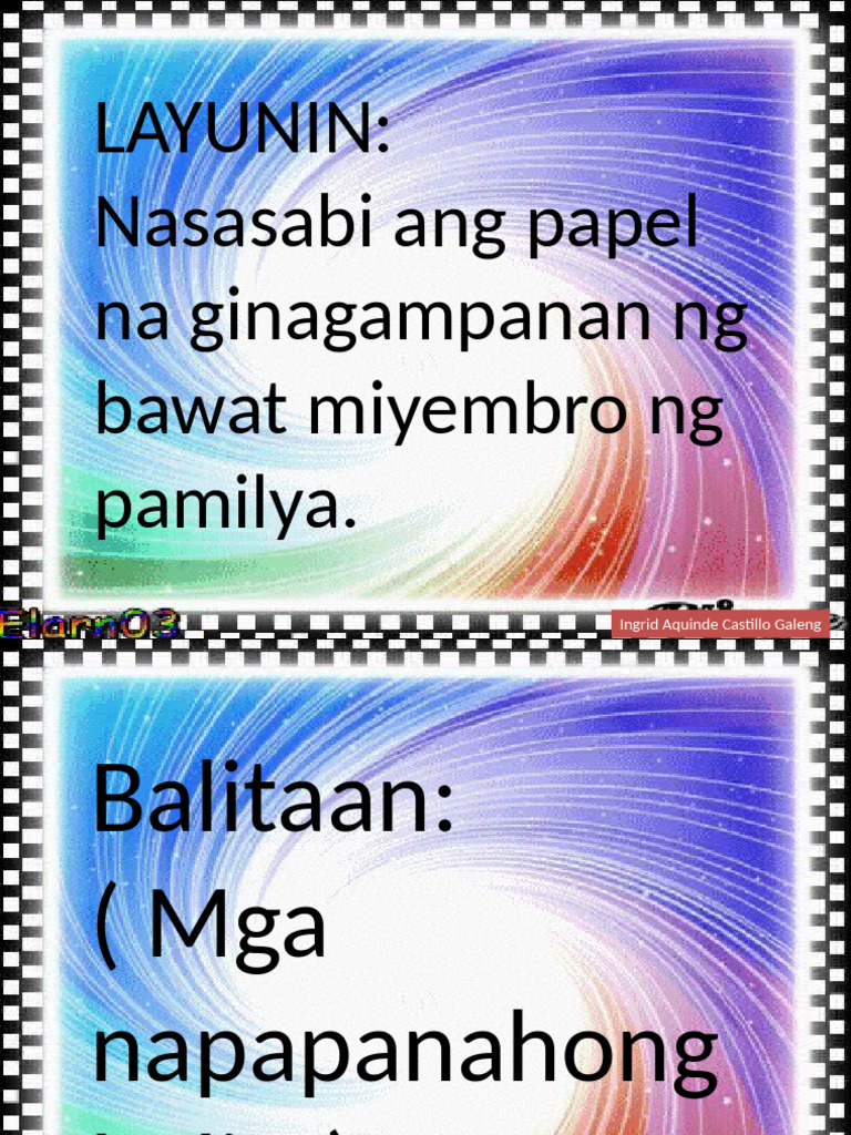 PPT_AP_Q1_W8_D1_Nasasabi ang Papel na Ginagampanan ng Bawat Miyembro ng Pamilya | PDF