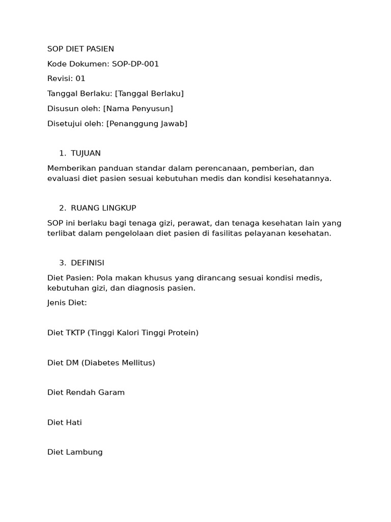 Panduan SOP Diet Pasien Medis | PDF