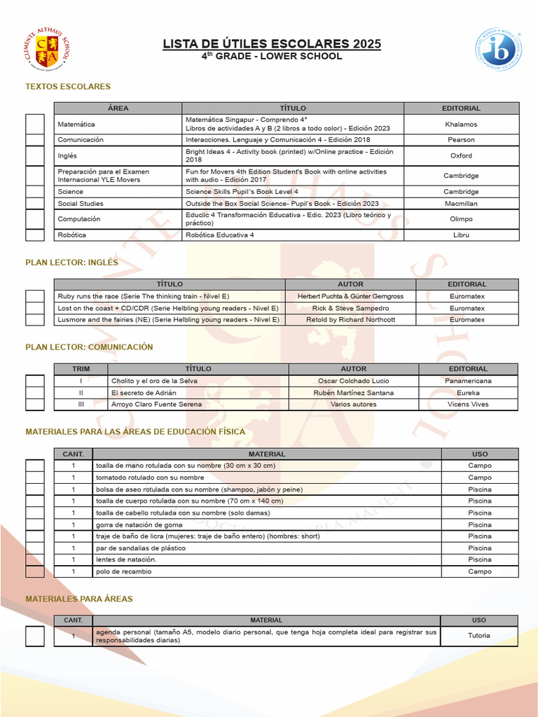LISTA DE UTILES 2025-4th | PDF | Lápiz | Bailes