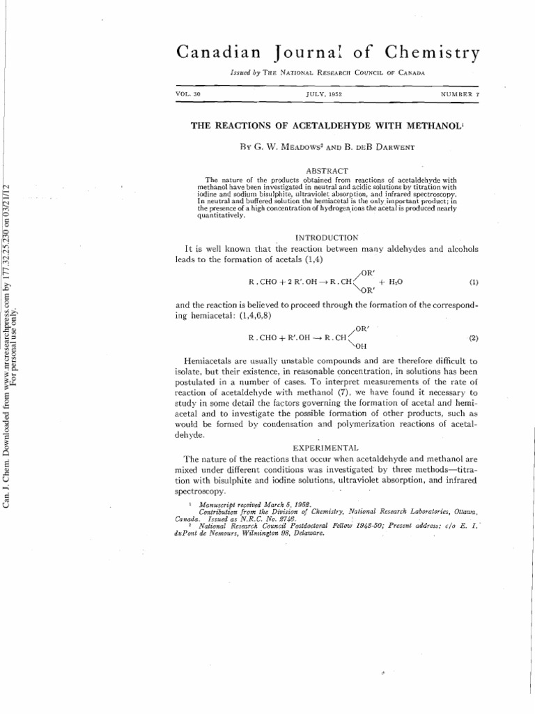 The Reaction of Acetaldehyde With Methanol | PDF | Aldehyde | Acid