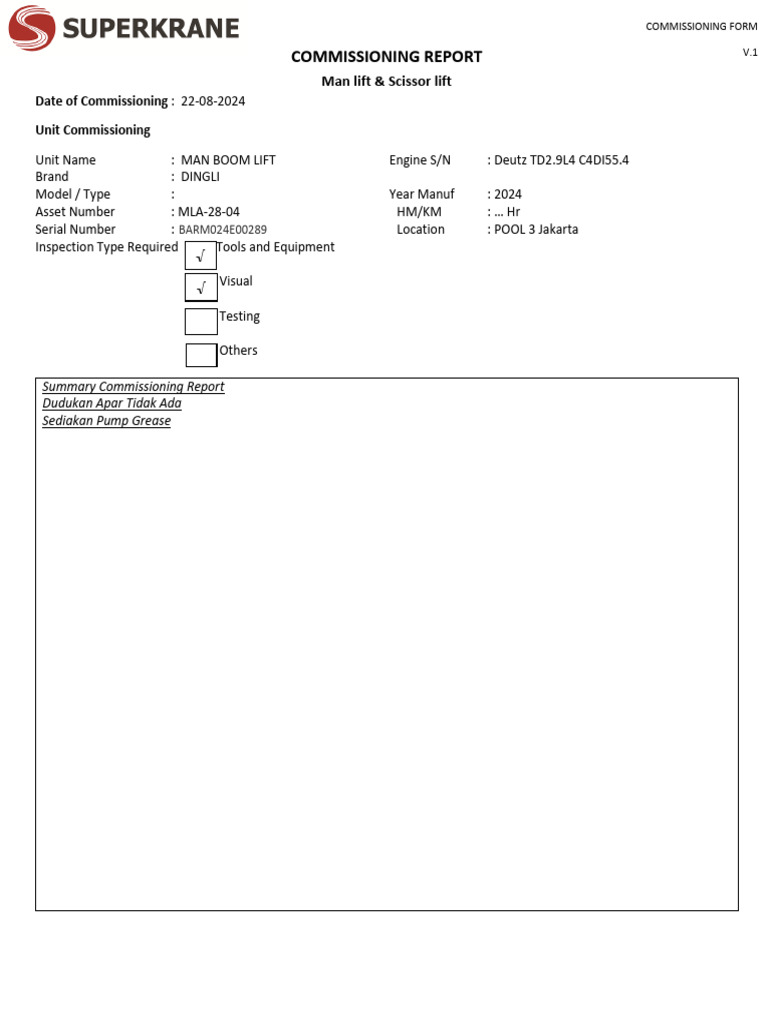 Man Lift Commissioning Report 2024 | PDF | Crane (Machine) | Vehicle ...