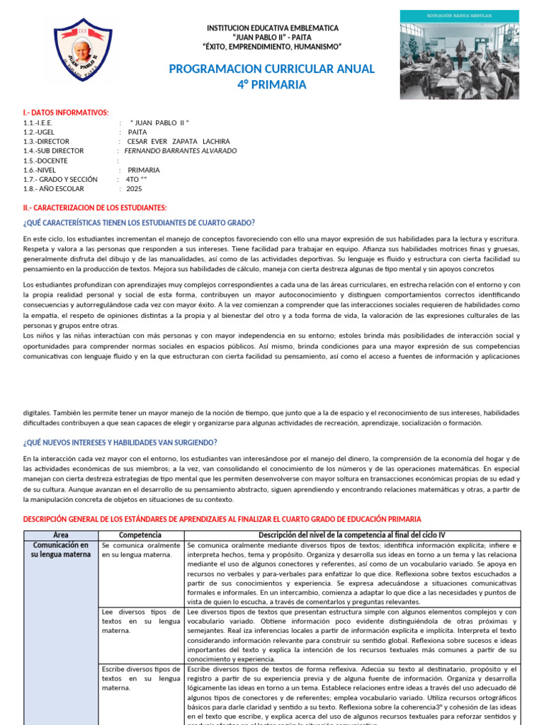 Pca 4° Cuarto Grado 2025 | PDF | Datos | Experiencia