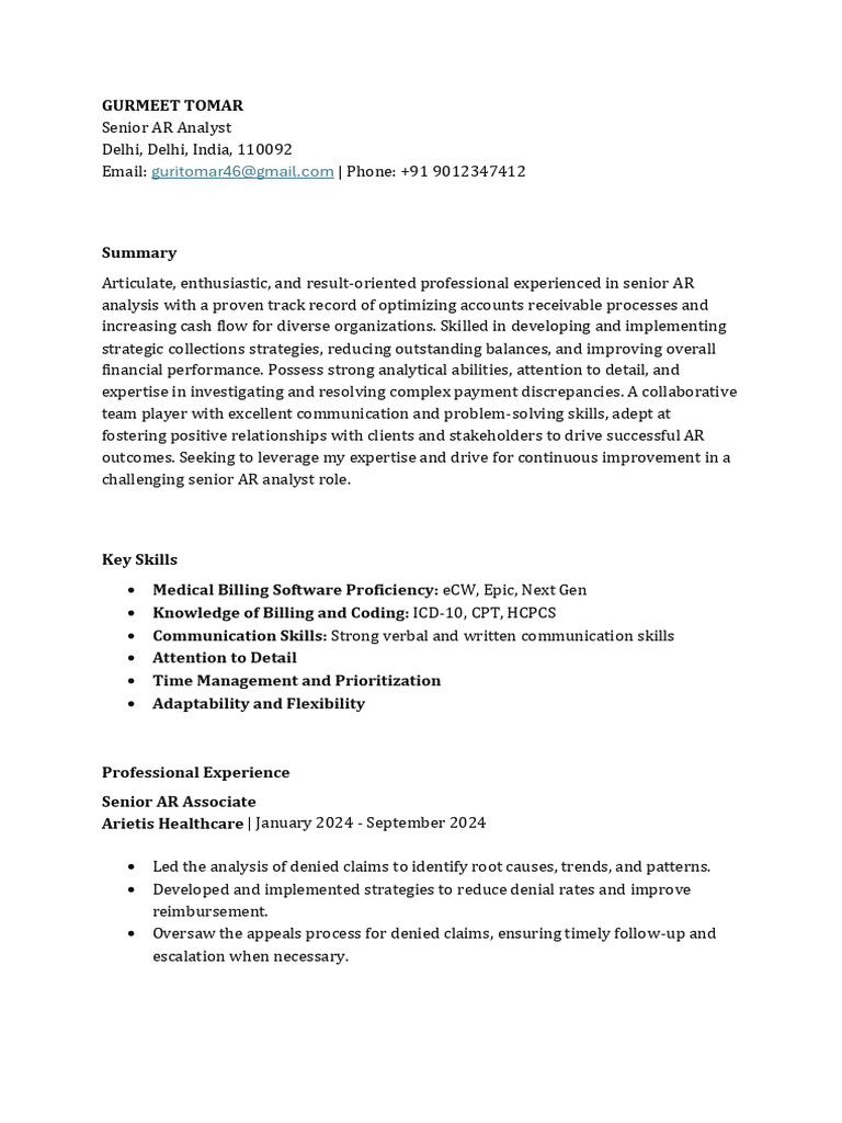 Gurmeet Tomar Senior Ar Analyst CV 2 | PDF | Health Care