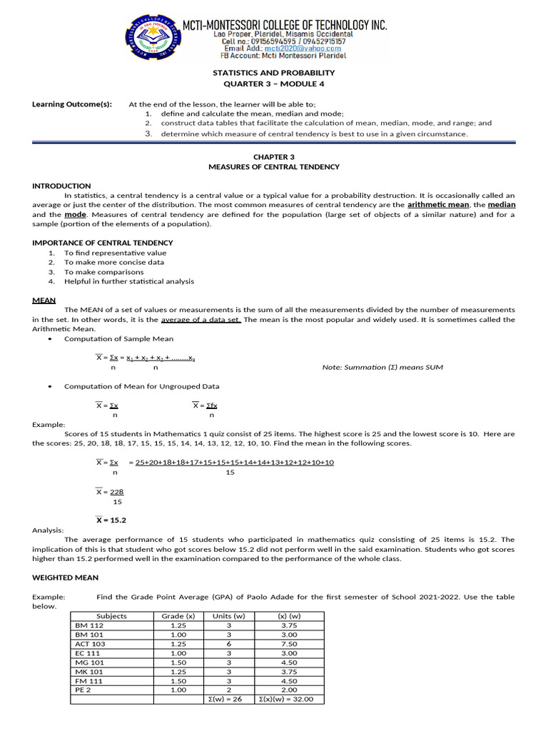 M4Q3 - Statistics & Probability | PDF | Arithmetic Mean | Mean