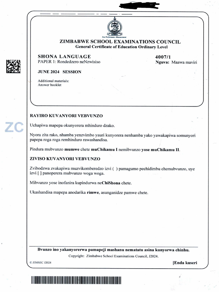 Shona Language Paper 1 2024 | PDF