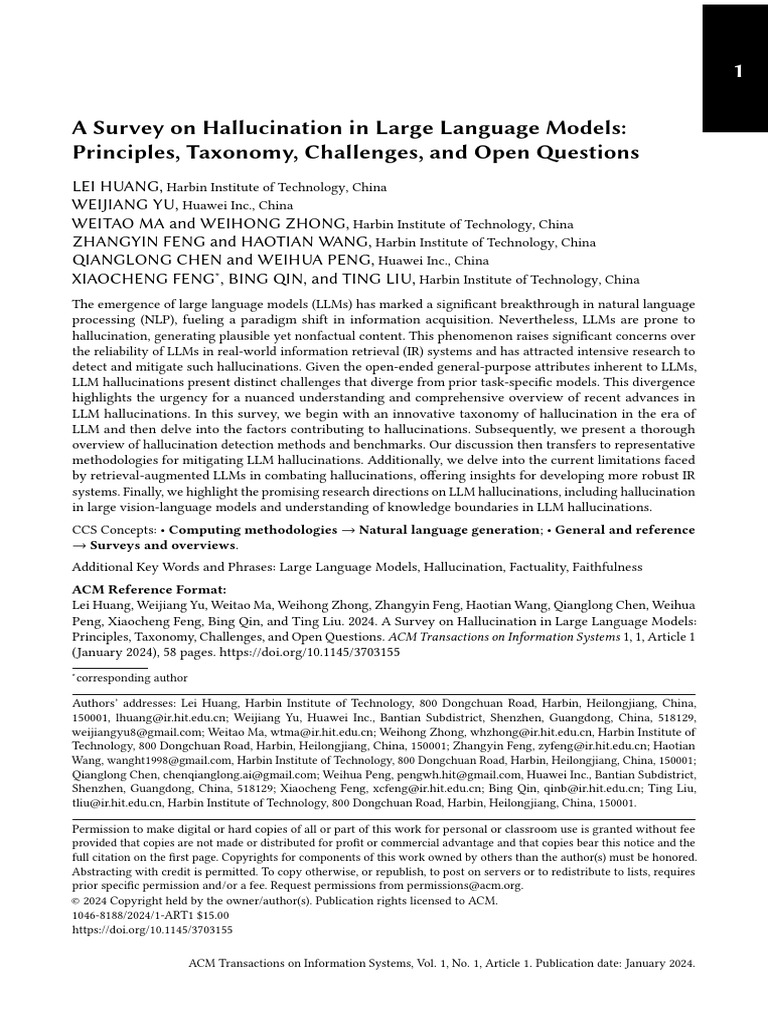 A Survey On Hallucination in Large Language Models: Principles, Taxonomy, Challenges, and Open ...