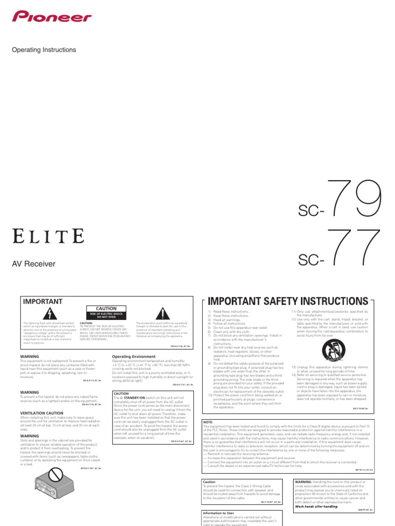 Pioneer Elite SC-79 | PDF | Hdmi | Electromagnetic Interference