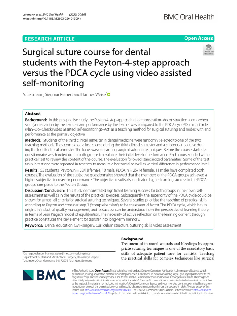 Surgical suture course for dental students with the Peyton-4-step approach versus the PDCA cycle ...