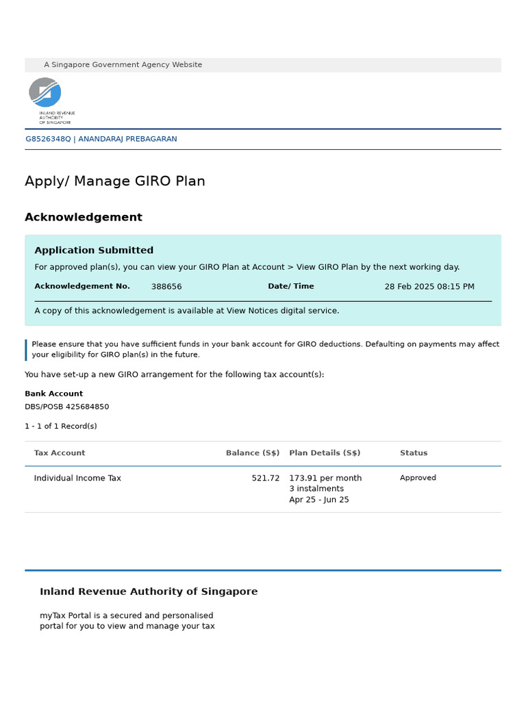 Apply/ Manage GIRO Plan: Acknowledgement | PDF