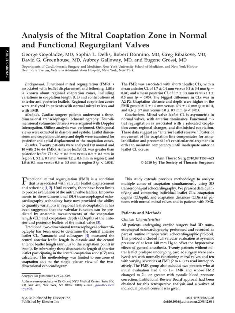Analysis of The Mitral Coaptation Zone in Normal | PDF | Medical ...