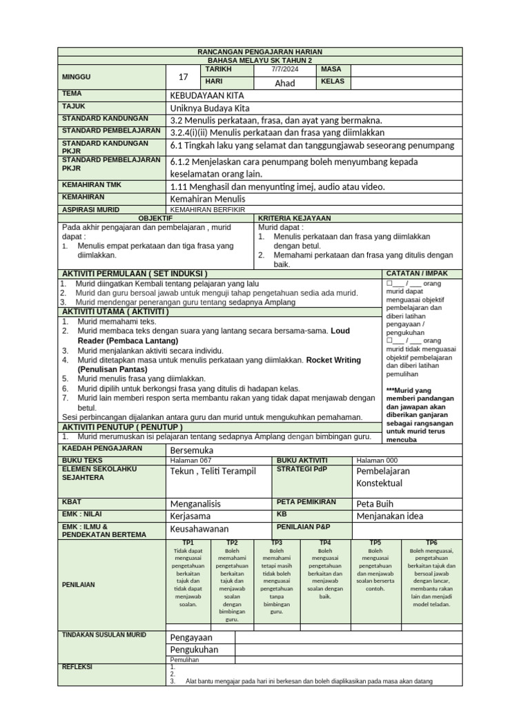 RPH Minggu 17 BM SK THN 2 2024 by Cikgu Gorgeous | PDF