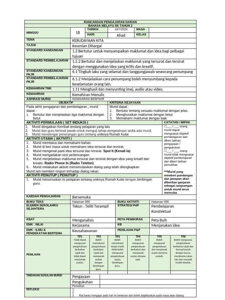 RPH Minggu 18 BM SK THN 2 2024 by Cikgu Gorgeous | PDF